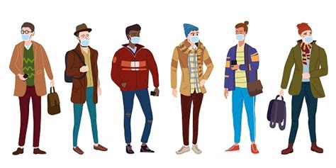 현대 가을 트렌디 한 옷을 입은 군중 젊은 남자 학생들 의료 마스크에서 바이러스 스모그 증기로부터 개별 보호 패션 캐주얼 아우터 스트리트 스타일 캐릭터 플랫 만화 스타일