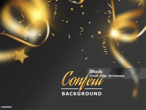 색종이 배경입니다 생일 기념일 축하 배너 떨어지는 반짝이는 황금색 색종이입니다 기념일 파티의 배경입니다 휴일 준비를 위한 요소 3차원 형태에 대한 스톡 벡터 아트 및 기타