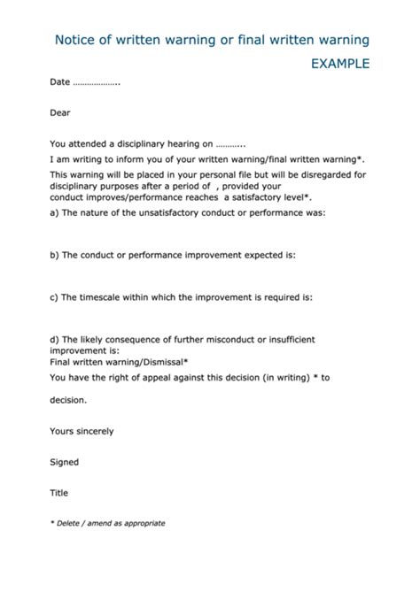 Written Warning Sample Printable Pdf Download