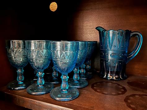 1940s Kemple Lace And Dewdrop Turquoise Blue Water Or Wine Etsy