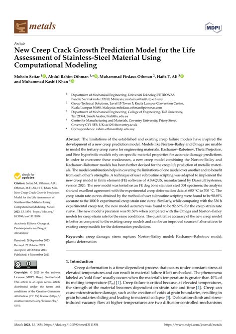 Pdf New Creep Crack Growth Prediction Model For The Life Assessment Of Stainless Steel