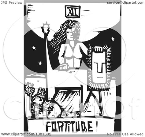 Clipart Black And White Woodcut Styled Fortitude Tarot Card Royalty