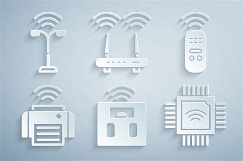 스마트 욕실 저울 리모콘 프린터 미세 회로 cpu 라우터 및 wifi 신호 및 가로등 아이콘이 있는 프로세서를 설정합니다 벡터