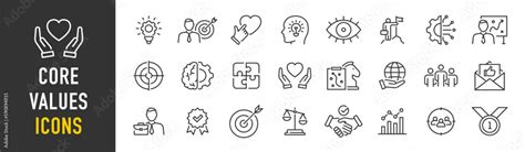 Core Values Web Icon Set In Line Style Innovation Integrity Customers Accountability
