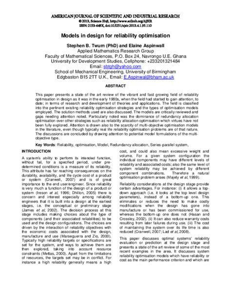 pdf models in design for reliability optimisation