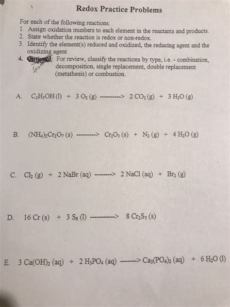 Solved Redox Practice Problems For Each Of The Following