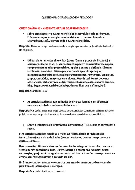 Questionário Questionário E Avaliação Da Disciplina IntroduÇÃo Ao Ead