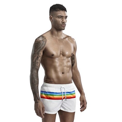 QUESHARK Men S Rainbow Printing Three Point Sports Shorts Lined Thin