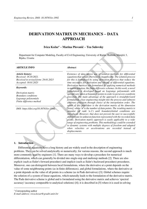 Pdf Derivation Matrix In Mechanics Data Approach