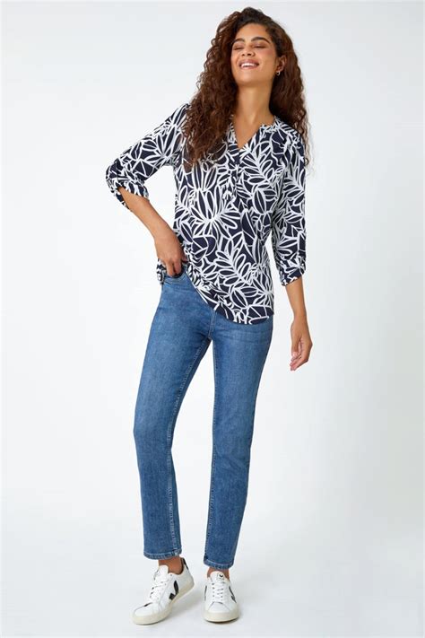 Roman Navy Textured Floral Print Stretch Top Matalan