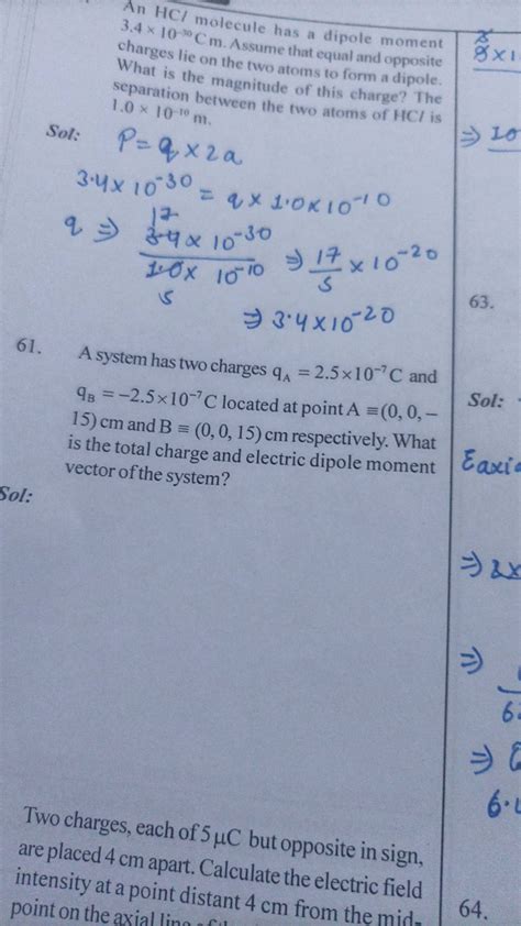 an hcl molecule has a dipole moment 3 4 times 10 { 30} mathrm{cm} assu
