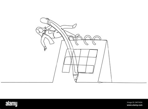 Drawing Of Businesswoman Using Pencil Pole Vault Jumping Over Calendar