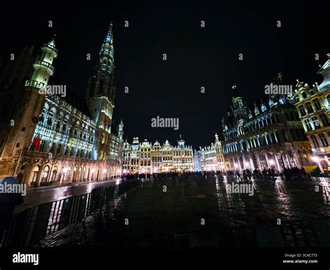 Night View Of The Illuminated Grand Place In Brussels Belgium With