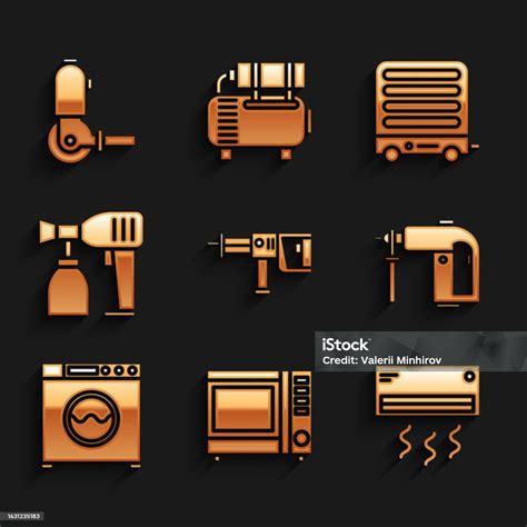 로터리 해머 드릴 머신 전자 레인지 에어컨 와셔 및 페인트 스프레이 건 아이콘을 설정합니다 벡터 Rotary International에 대한 스톡 벡터 아트 및 기타 이미지