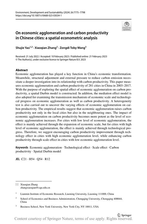 On Economic Agglomeration And Carbon Productivity In Chinese Cities A Spatial Econometric