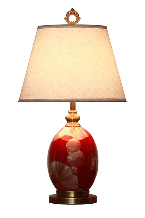 Chinesische Tischlampe Porzellan mit Schirm Rot Gold Gingko Blätter
