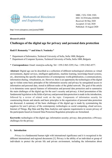 Pdf Challenges Of The Digital Age For Privacy And Personal Data Protection