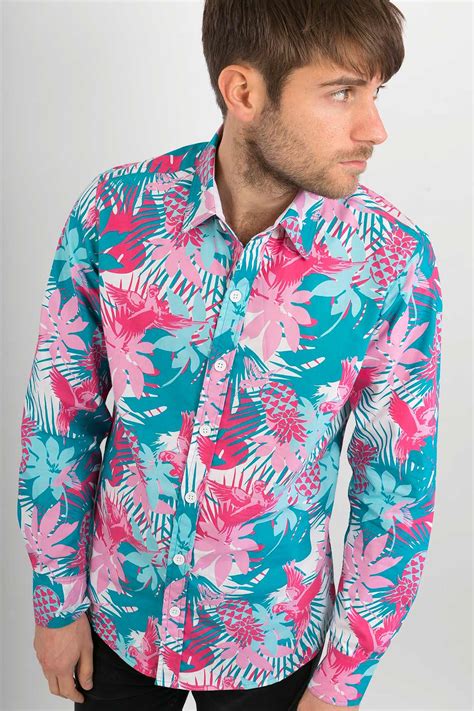 Tropical Bird Print Cotton Slim Fit Mens Shirt Long Sleeve Avalonia
