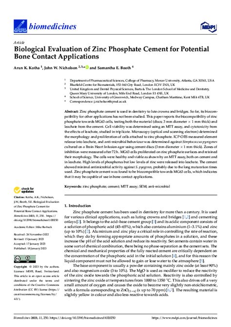 Pdf Biological Evaluation Of Zinc Phosphate Cement For Potential Bone Contact Applications