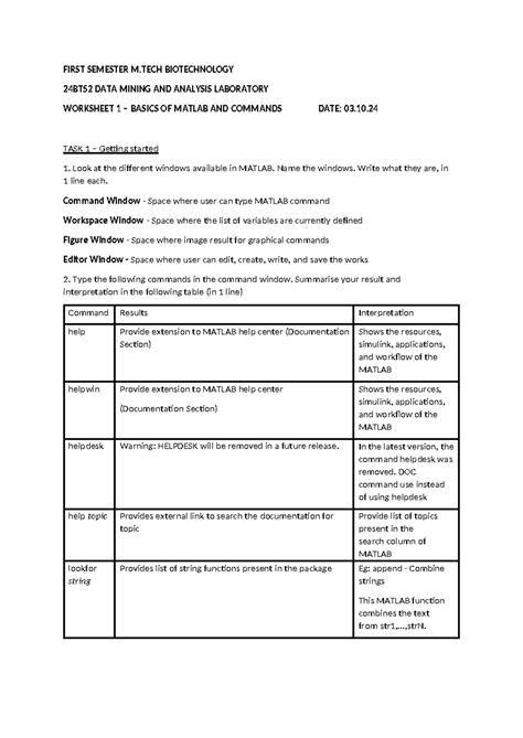 Matlab Worksheet 1 Notes First Semester M Biotechnology 24bt52 Data
