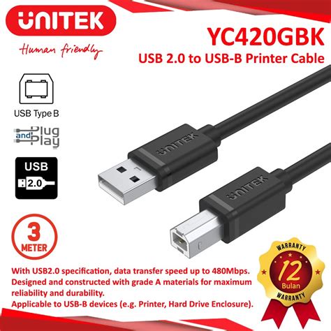 Jual Kabel Data Printer 3m 3meter 3 Meter Kabel Printer Usb 2 0 Unitek