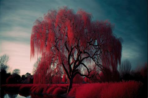 Premium AI Image A Tree With Red Leaves And A Tree In The Foreground