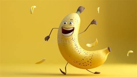 Cheerful Cartoon Banana Character Dynamic Pose Yellow Background Stock
