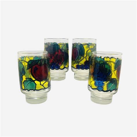Set Of Four Retro 1970s Libbey Fruit Stained Glass Drinking Glasses