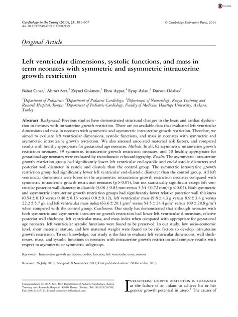 Pdf Left Ventricular Dimensions Systolic Functions And Mass In Term Neonates With Symmetric