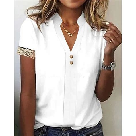 Womens Shirt Blouse White Plain Button Short Sleeve Casual Basic Standing Collar Regular S Dieet