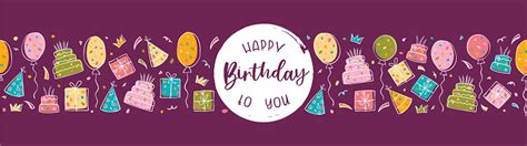 케이크 선물 상자 풍선 및 파티 장식과 함께 재미있는 손으로 그려진 파티 원활한 배경 생일 파티 직물 배너 배경 화면 포장에
