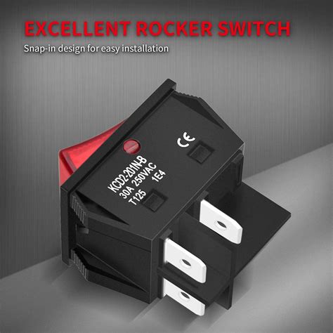 DaierTek 30A 250V KCD2 KCD4 Rocker Switch DPST 4 Pin Red Lighted 120V Rocker Toggle Switch ON