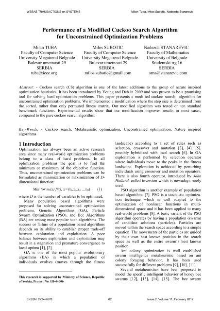 Performance Of A Modified Cuckoo Search Algorithm For Wseas