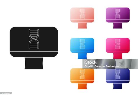 흰색 배경에 격리 된 검은 Dna 나선형 및 컴퓨터 모니터 아이콘 다각형 의료 기술 연구 메쉬 아트 다채로운 아이콘을 설정합니다 벡터 일러스트레이션 Dna에 대한 스톡 벡터