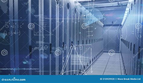 Image Of Infographic Interface Mathematical Equations And Lens Flare Over Server Room Stock