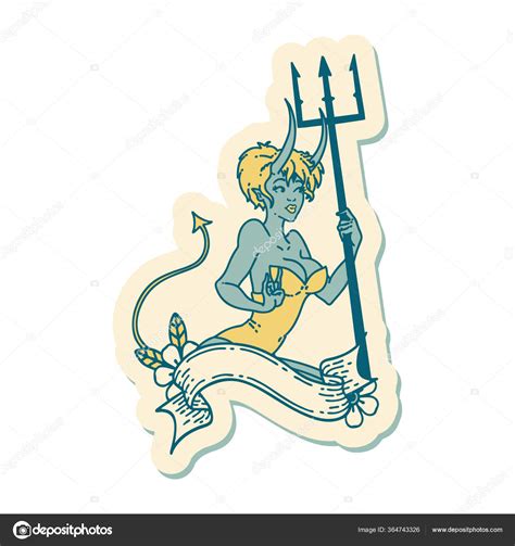 Sticker Tattoo Traditional Style Pinup Devil Girl Banner Stock Vector