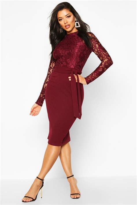 High Neck Long Sleeve Lace Midi Dress Boohoo Uk In 2020 Long Sleeve
