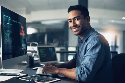 Portrait Man And Smile Of Programmer On Computer In Office Workplace At Night It Face And