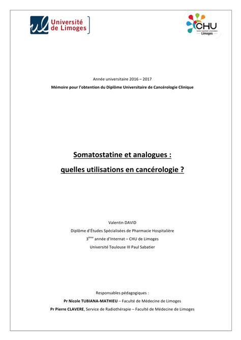Pdf Somatostatine Et Analogues Quelles Utilisations En Cancérologie