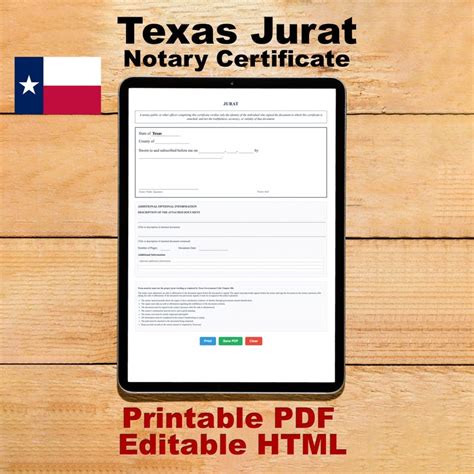Texas Jurat Notary Certificate Editable And Printable Form Instant
