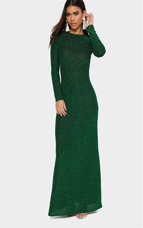 Green Glitter Long Sleeve High Neck Backless Maxi Dress Prettylittlething