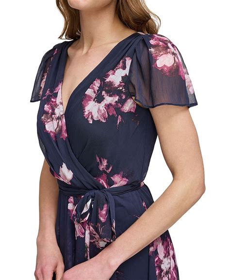Dkny Petite Floral Print Flutter Sleeve Faux Wrap Dress Macys