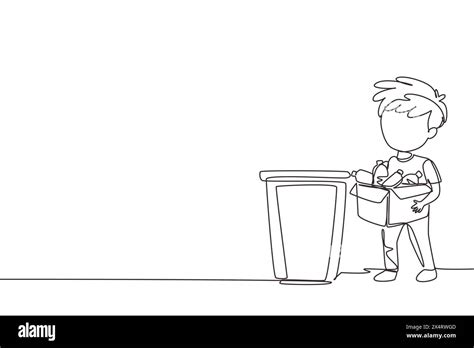 Continuous One Line Drawing Babe Gathering Garbage And Plastic Waste For Recycling Kid Picking