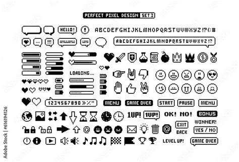 Vecteur Stock 8 Bit Game Pixel Graphics Icons Set 3 Perfect Pixel
