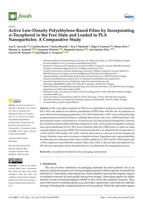 Pdf Active Low Density Polyethylene Based Films By Incorporating α Tocopherol In The Free