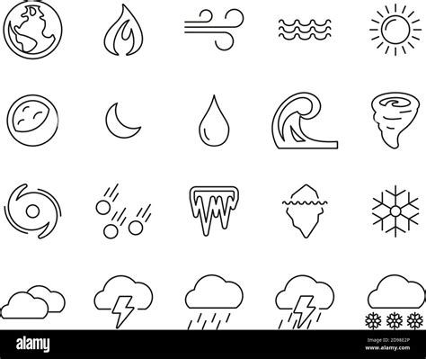 Nature Elements Icons Black And White Thin Line Set Big Stock Vector