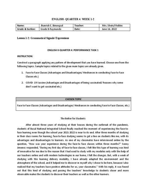 English Ii Quarter 4 Performance Task 1 Pdf Learning Linguistics