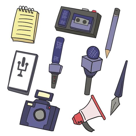 Conjunto de elementos de jornalismo de ícone de equipamento de