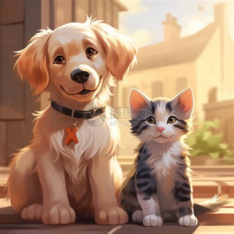 一只猫和一只狗，插画图片下载 正版图片600588575 摄图网