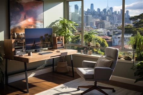 Premium Ai Image Modern Spacesaving Home Office Ergonomic Design City View Plants Amp Dual